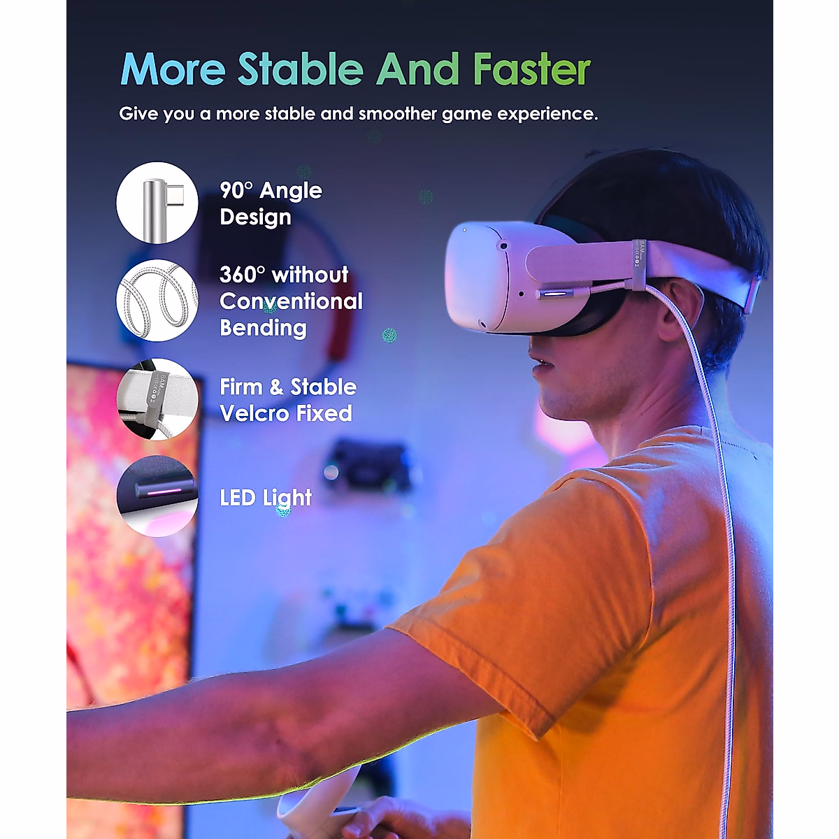 6AMGame link cable 16 ft Compatible with Meta Quest 3/2 Accessories VR Headset, High Speed Data Transfer Cord USB 3.0 Cable Type C LED Light for Gaming PC/Steam VR link cable 16 ft Compatible