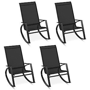 Tangkula Outdoor Rocking Chairs Set of 4, Patio Sling Fabric Rockers with Ergonomic Backrest & Seat, Safe Stoppers & Non-Slip Rubber Mats, Metal Frame Rockers for Backyard, Front Porch (Black)