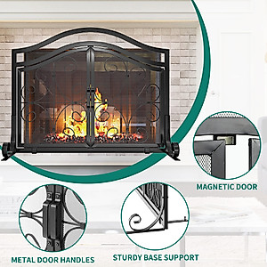 YITAHOME Folding Fireplace Screen with Doors, 50.39x32.28in Large Flat Guard Indoor Fireplace Screens Solid Wrought Iron Frame with Metal Furnace Fireguards Safe Spark Protector for Living Room, Black