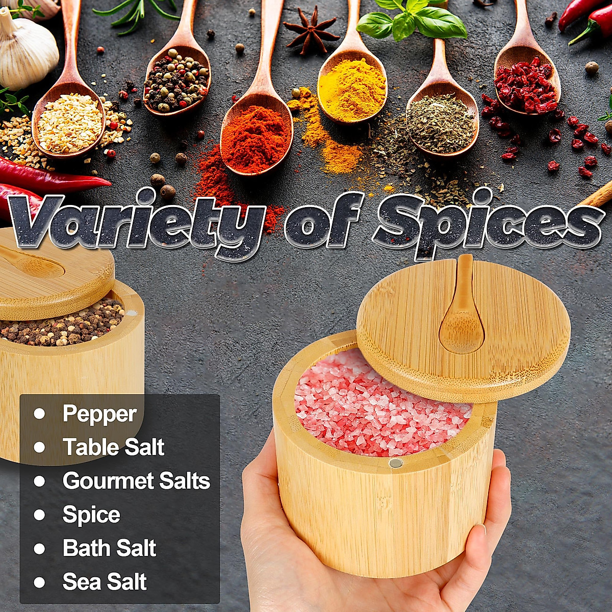 Loscarol 2Pcs Bamboo Salt Cellar Spice Box with Magnetic Swivel Lid & Spoon, Bamboo Storage Box Salt Container to Storage Pepper, Table Salt, Gourmet Salts, Spice, Sugar, 6 oz