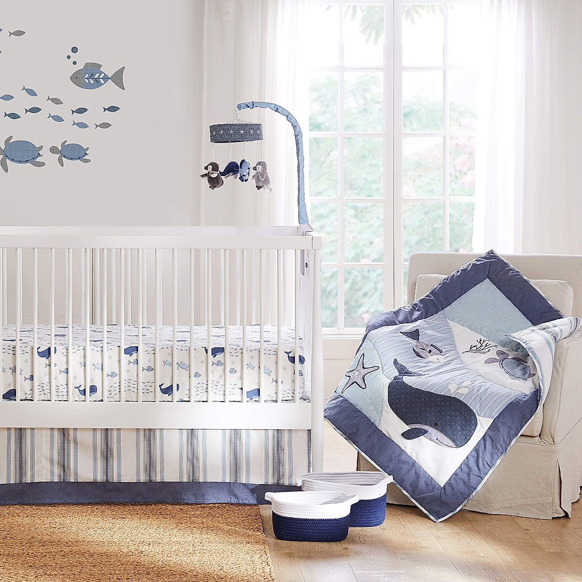 Levtex Baby - Boho Bay Crib Bed Set - Baby Nursery Set - Navy, Blue, Grey and White - Under The Sea - 5 Piece Set Includes Quilt, Two Fitted Sheets, Wall Decal & Skirt/Dust Ruffle