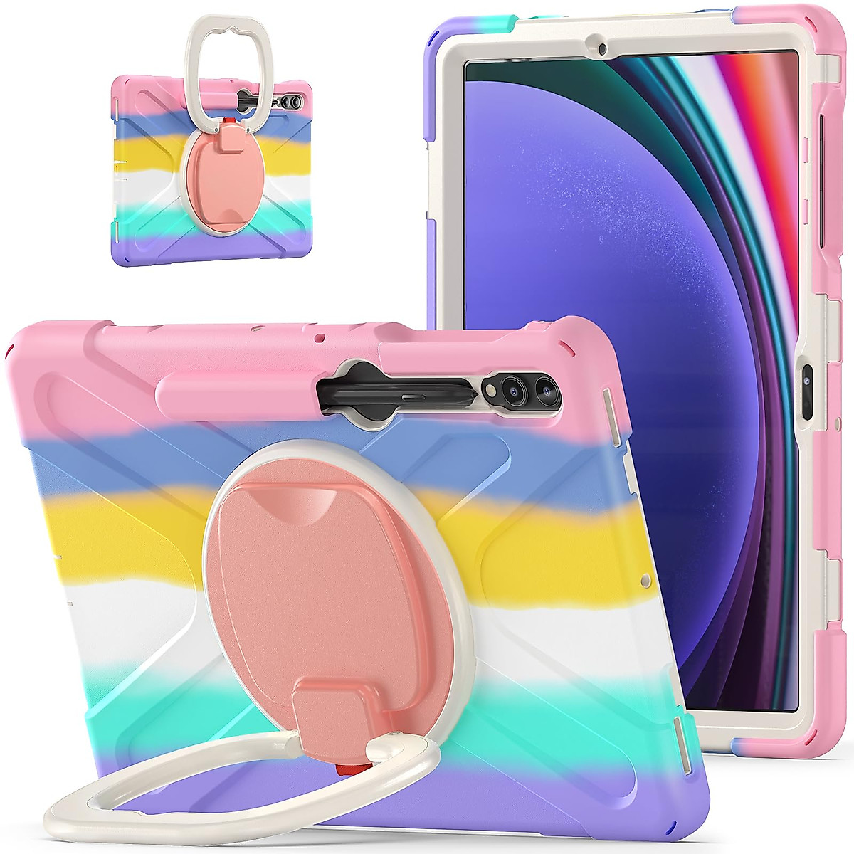 360 Rotation Case for Samsung Galaxy Tab S9+ 12.4'' 2023/S8+ /S7+/S7 FE，with Shoulder Strap S Pen Holder Rotatable Kickstand/Handle Rugged Silicone Case(Colorful Pink)