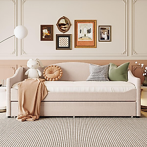 Merax Upholstered Daybed, Twin Size Teddy Fleece Sofa Bed with Trundle & LED Lights for Bedroom, Wood Slat Support, No Box Spring Needed, Easy Assembly, Beige