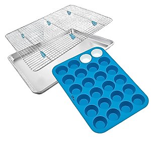 KPKitchen Baking Sheet & Rack Set and Silicone Mini Muffin Pan 24 Cup - Aluminum Pan (18” x 13”) + Stainless Cooling Rack (16.8” x 11.8”) - 24 Cup Mini Cupcake Pan - 100% Food Safe & BPA-free