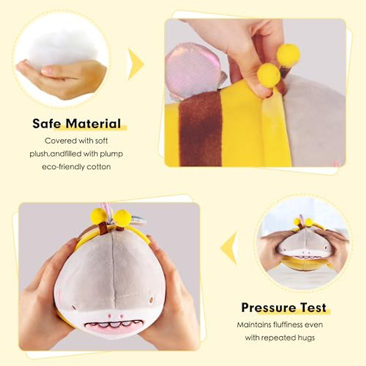 ARELUX 14in Bee Plush Pillow Stuffed Animal,Fuzzy Yellow Honeybee Shark Plushie Doll Pillow,Stuffed Shark Pillow,Soft Anime Bee Pillow Toy Friends Family Member