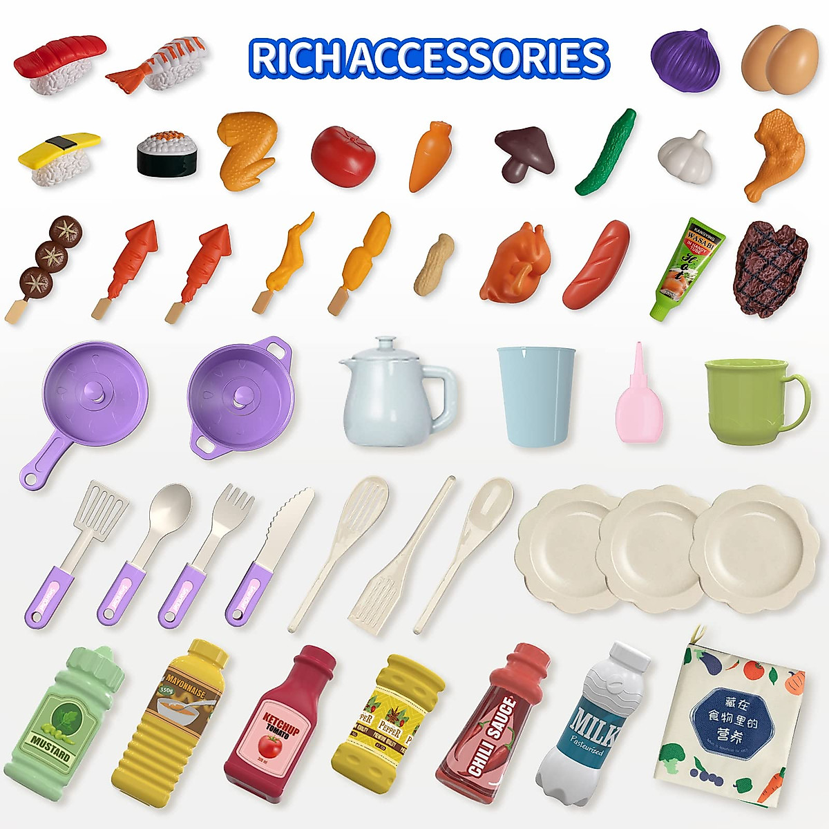 SmartChef Kids Kitchen Playset, 48PCS Kitchen Accessories Toys, Pink Play Kitchen, with Realistic Design, Sound, Lights & Smoke, Pretend Kitchen Toy Set Gifts for 3 4 5 6 7 8+ Year Old Girls & Boys