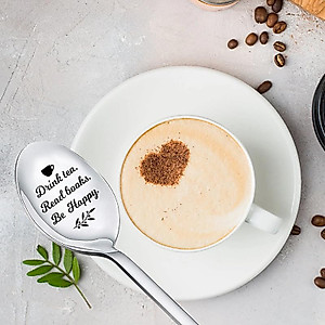 Drink Tea Read Books Spoon for Tea Lover Friend Birthday Graduation Christmas Gifts for Readers Book Lover Gifts for Women Men Engraved Tea Spoons Stainless Steel