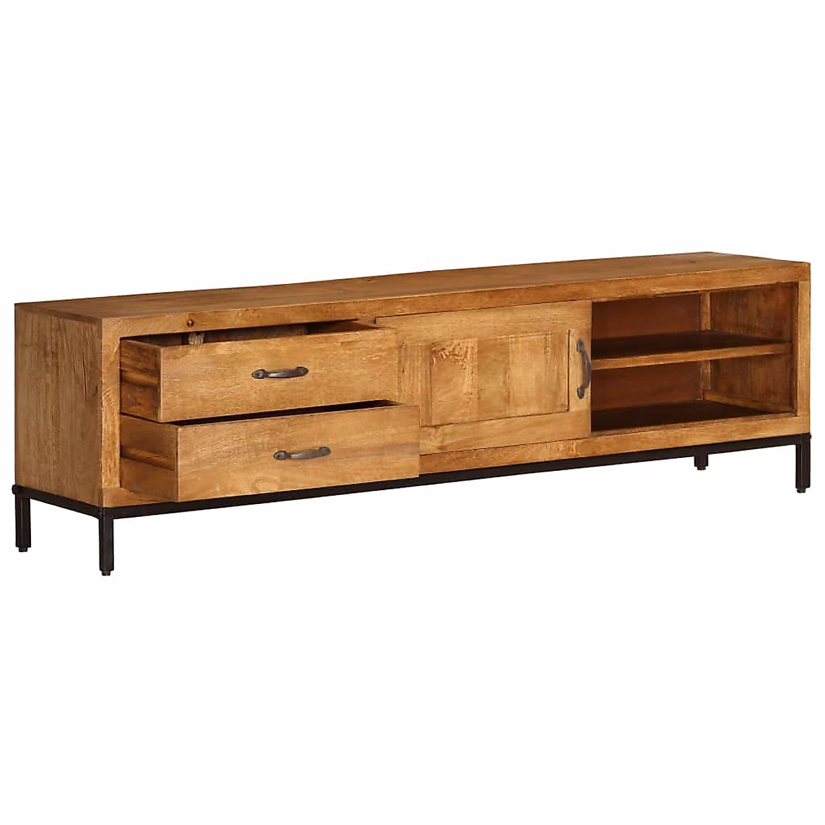 vidaXL Retro TV Stand with Storage - Solid Mango Wood TV Cabinet with Steel Legs - Sideboard with Shelves and Drawers - 55.1"x11.8"x15.7" - Brown