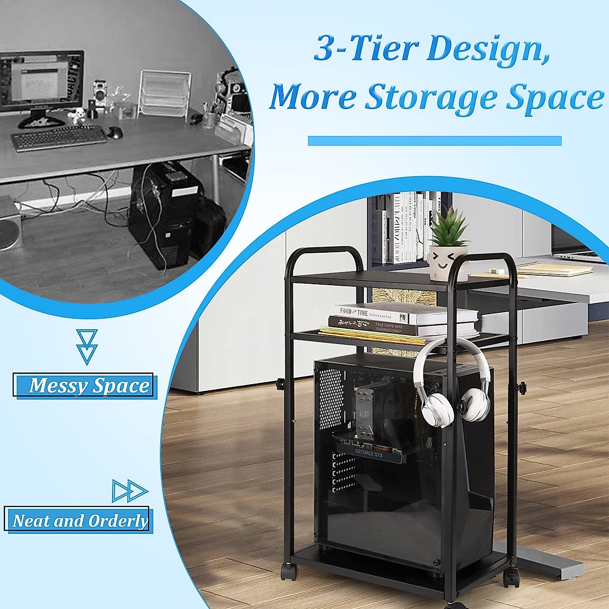 Bfttlity PC Stand 3-Tier Computer Tower Stand Height Adjustable CPU Stand with Locking Caster Wheels for Office Home Fits Most PC