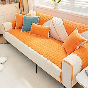vctops Soft Corduroy Sofa Couch Cover, Plaid Sectional Couch Covers, Non-Slip Sofa Slipcover for Dogs Cats Kids(Orange,43"x43")