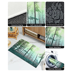 ALAGEO Fall Doormat Sunshine Teal Green Forest Door Mat Welcome Mats Entrance Floor Mat Trees Mist Fall Seasonal Harvest Thanksgiving Floor Mat Outdoor Indoor Runner Rugs Non-Slip Floor Mat 16"x24"