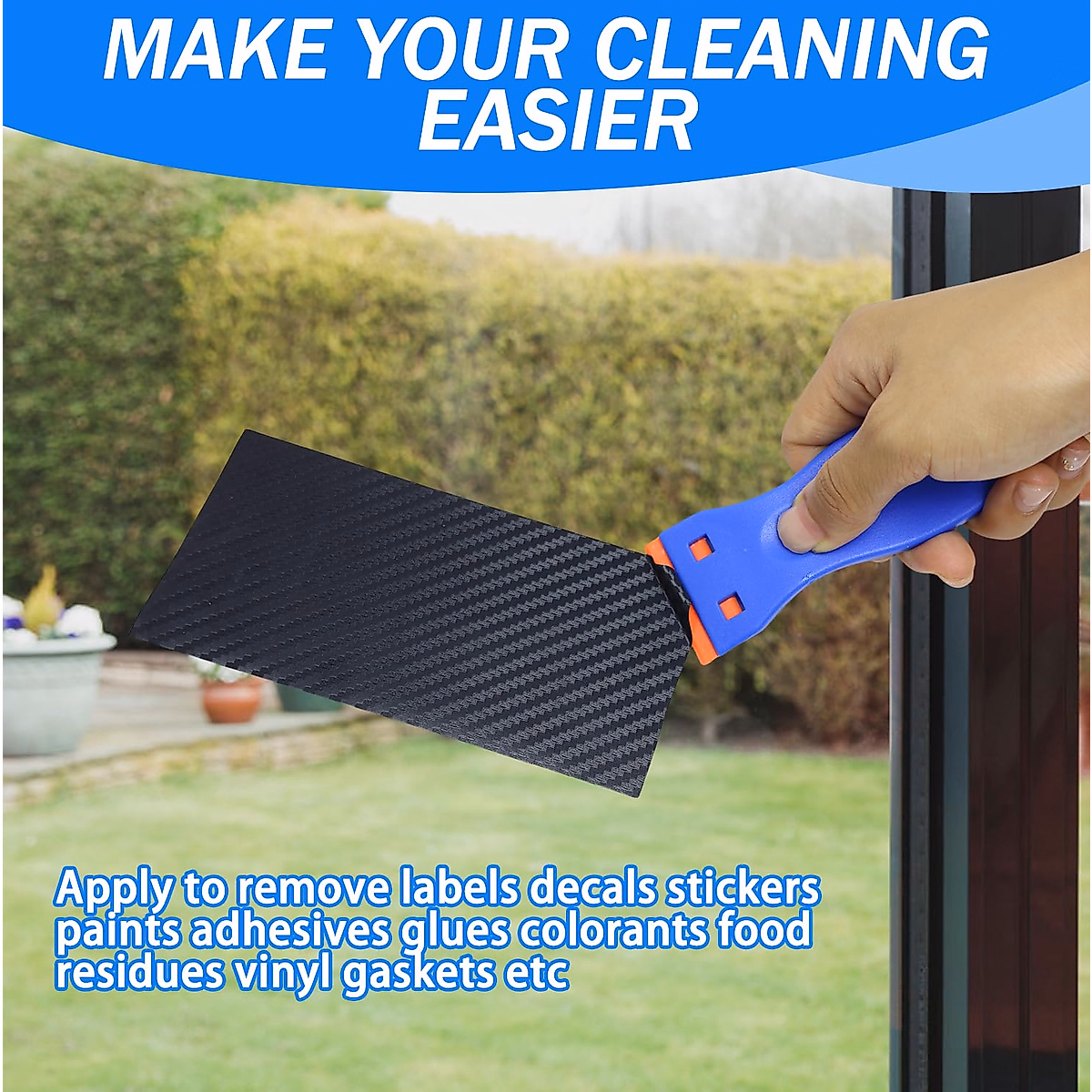 Plastic Razor Blades Scraper, 2 Pcs Plastic Scraper Tool for Car with 100 Pcs Razor Blades for Gasket Remover, Labels Decal and Adhesive Remover for Windows and Glass,Blue