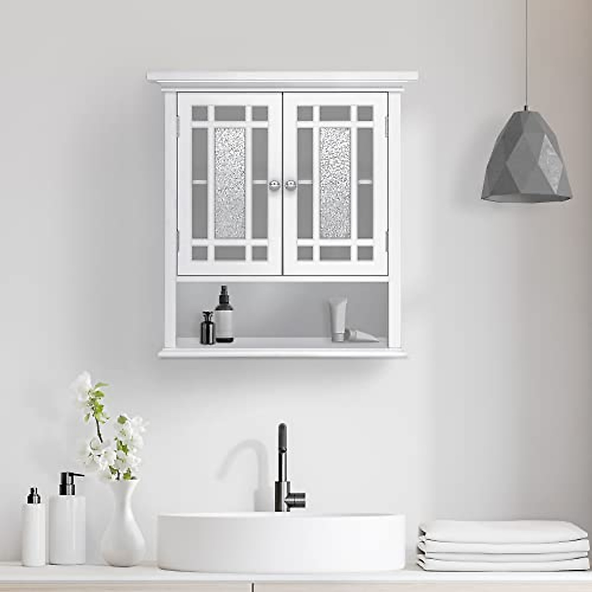 Teamson Home Windsor Wooden Over The Toilet Bathroom Removable Wall Medicine Cabinet with 1 Fixed and 1 Adjustable Shelf 3 Storage Spaces 2 Glass Mosaic Panel Doors and Chrome-Finished Knobs, White