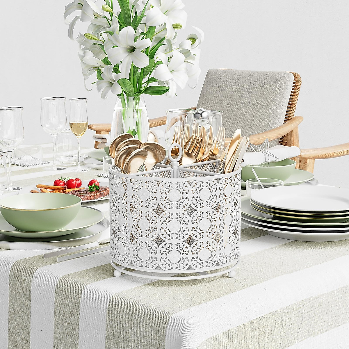 YIUKEA Rotating Utensil Caddy Holder - Higher Raised Cutlery Caddy Countertop - Metal Silverware Caddy Organizer with 4 Compartment for Kitchen Counter Party Office white