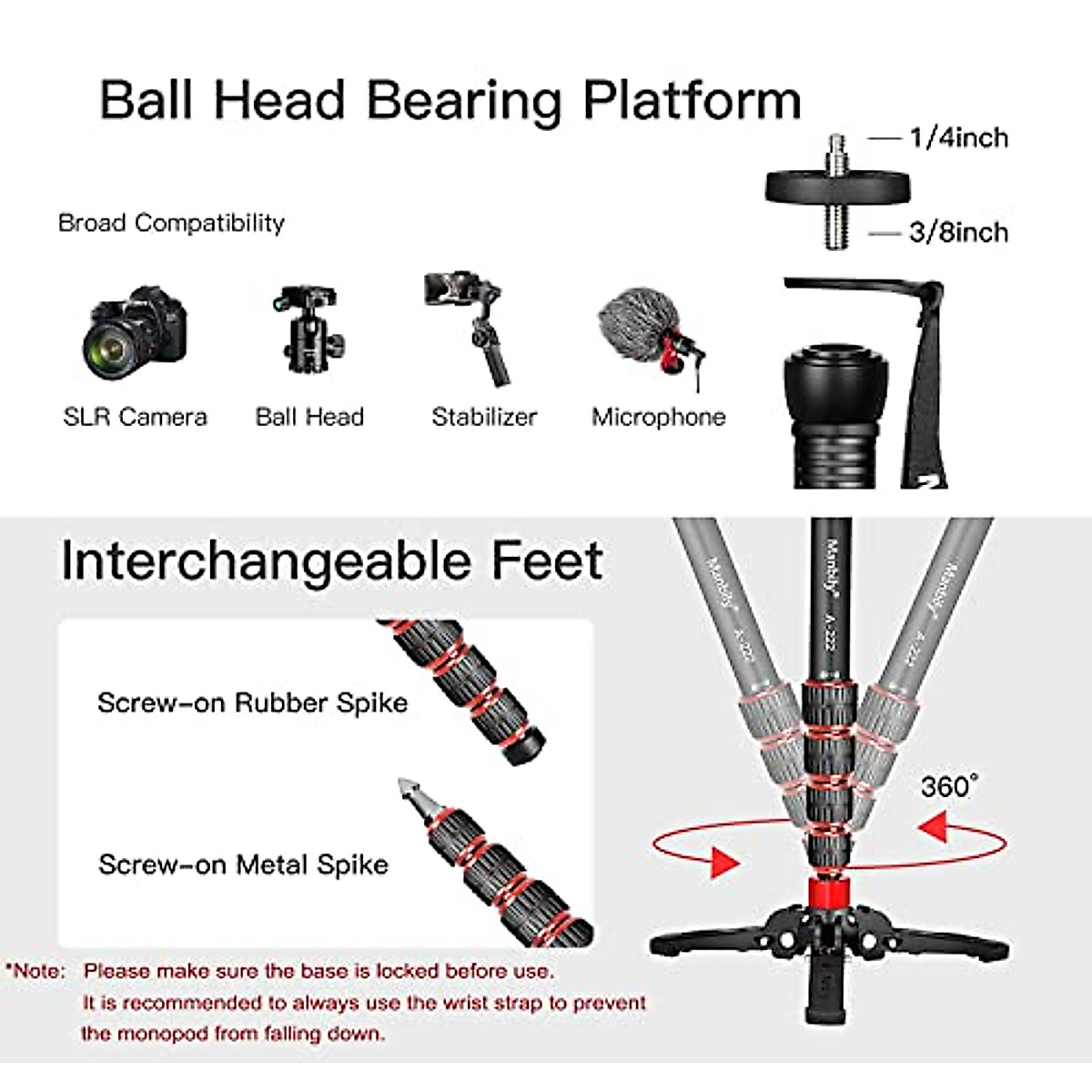 Manbily Extendable Camera Aluminum Monopod with Feet,Portable Travel Monopod with Removable Tripod Stand Base for DSLR Canon Nikon Sony Video Camcorder,5 Sections up to 67-in,Max Load 15.5 Lbs（A-222）