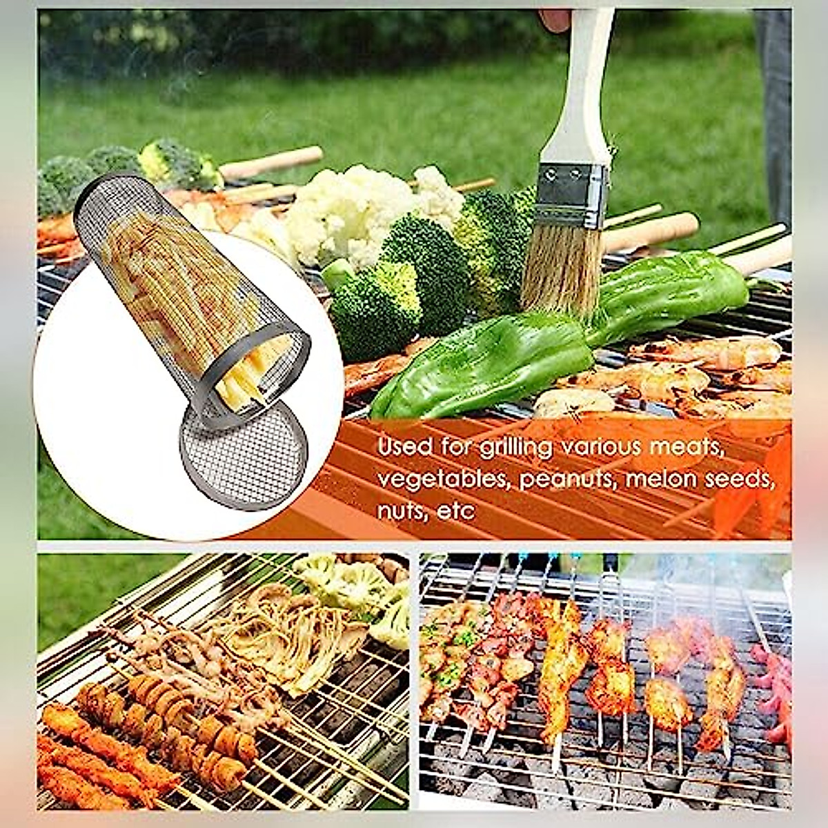 OQOPO BBQ Net Tube, Rolling BBQ Grilling Basket, Outdoor Picnics BBQ Grill Stainless Steel Mesh Versatile Cylinder Grill Cooking Accessories for Vegetables,Fries,Meat,Fish BBQ Net Tube (2Pcs)