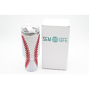SEM LIFE 40 Oz Rhinestone Bling Tumbler Cup with Handle and Straw (BASEBALL), Stainless Steel and Double Wall Insulated