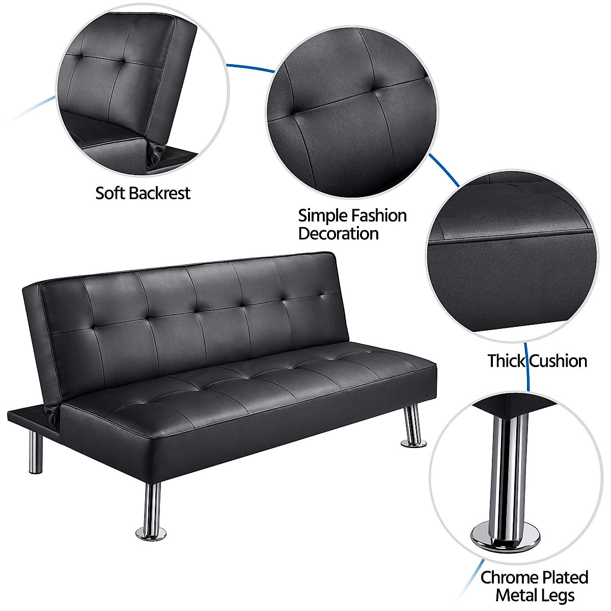 Topeakmart Tufted Faux Leather Sofa Couch Foldable Sofa Sleeper Bed Black Guest Couch Bed Converts to Recliner and Bed