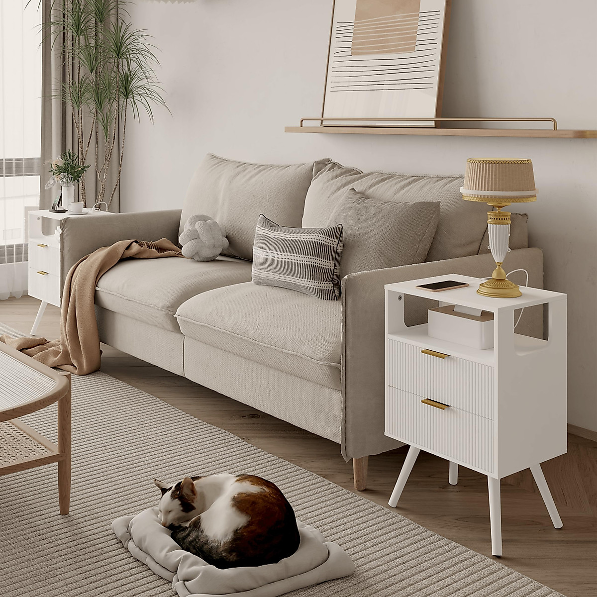 JOONEE White Nightstand with Charging Station and LED Lights,Modern Bedside Table with 2 Storage Drawer and Open Wood Shelf, for Bedroom and Small Spaces,Night Stand with Solid Wood Legs,White