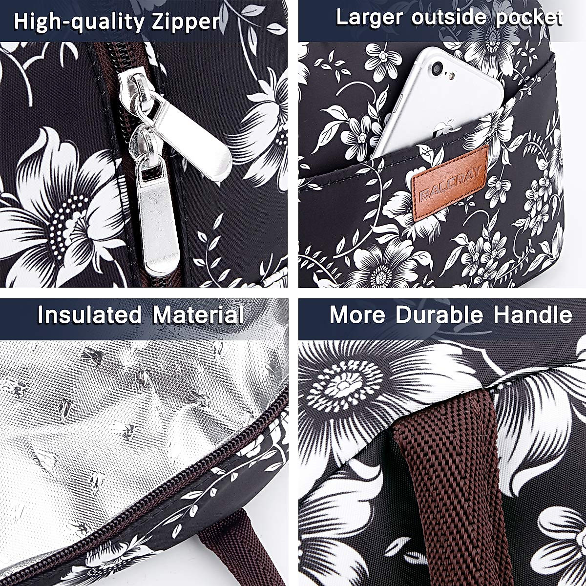 BALORAY Lunch Bag for Women Men Insulated Lunch Box for Adult Reusable Lunch Tote Bag for Work, Picnic or Travel (White Flower)