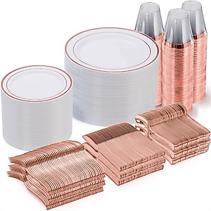 Goodluck 600 Pieces Rose Gold Disposable Plates for 100 Guests, Plastic Plates for Party, Wedding, Dinnerware Set of 100 Dinner Plates, 100 Salad Plates, 100 Spoons, 100 Forks, 100 Knives, 100 Cups