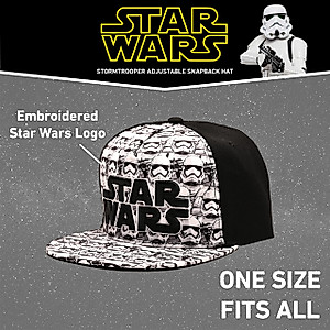 Disney mens Star Wars Embroidered Logo and Stormtrooper All Over Adjustable Snapback Baseball Hat with Flat Brim Black White One Size, Black, One Size US