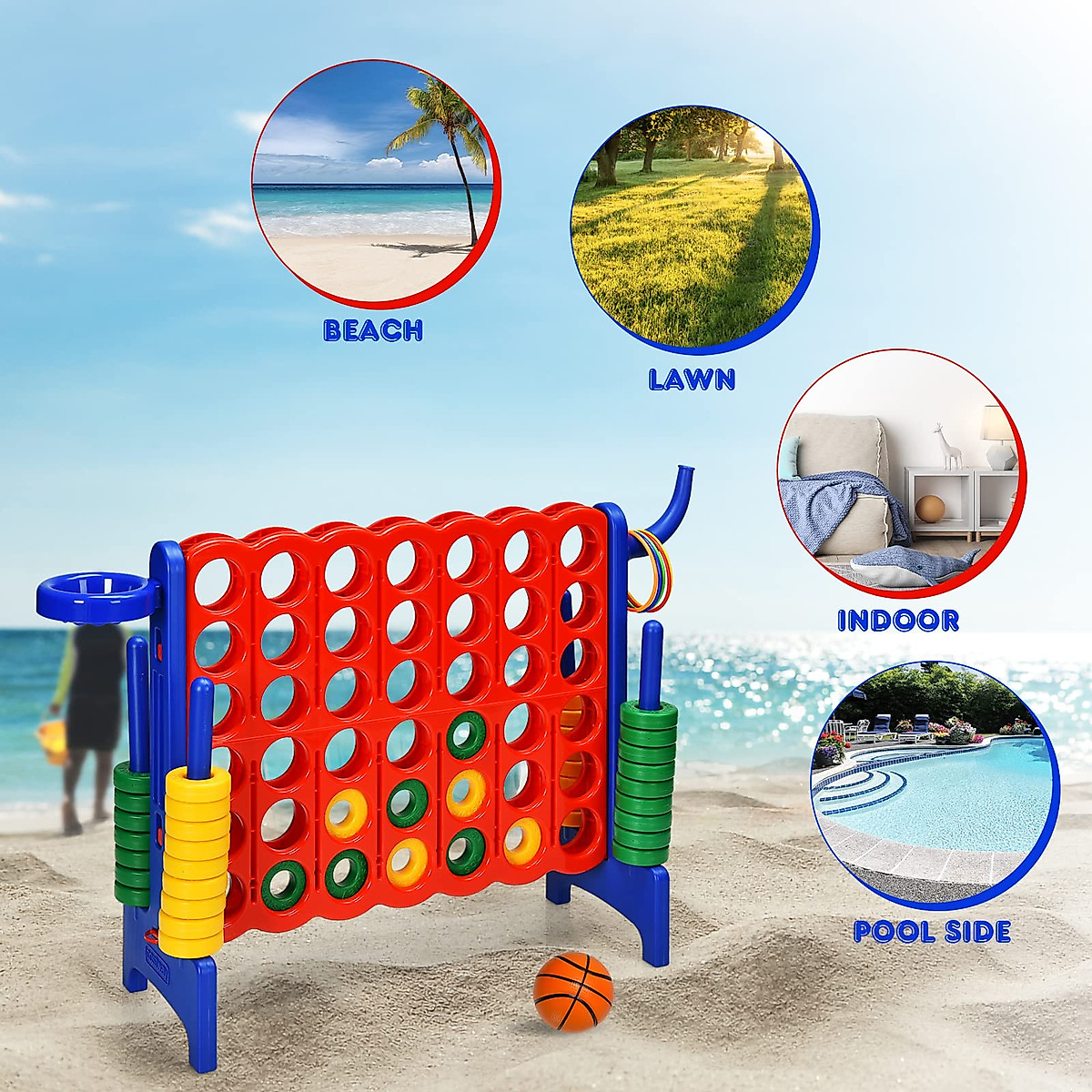 HONEY JOY Jumbo 4-to-Score Giant Game Set, 3-in-1 Indoor Outdoor Family Yard Game Set w/Basketball Hoop & Ring Toss, 42 Jumbo Rings, Quick-Release Slider, Giant 4-in-A-Row for Kids & Adults