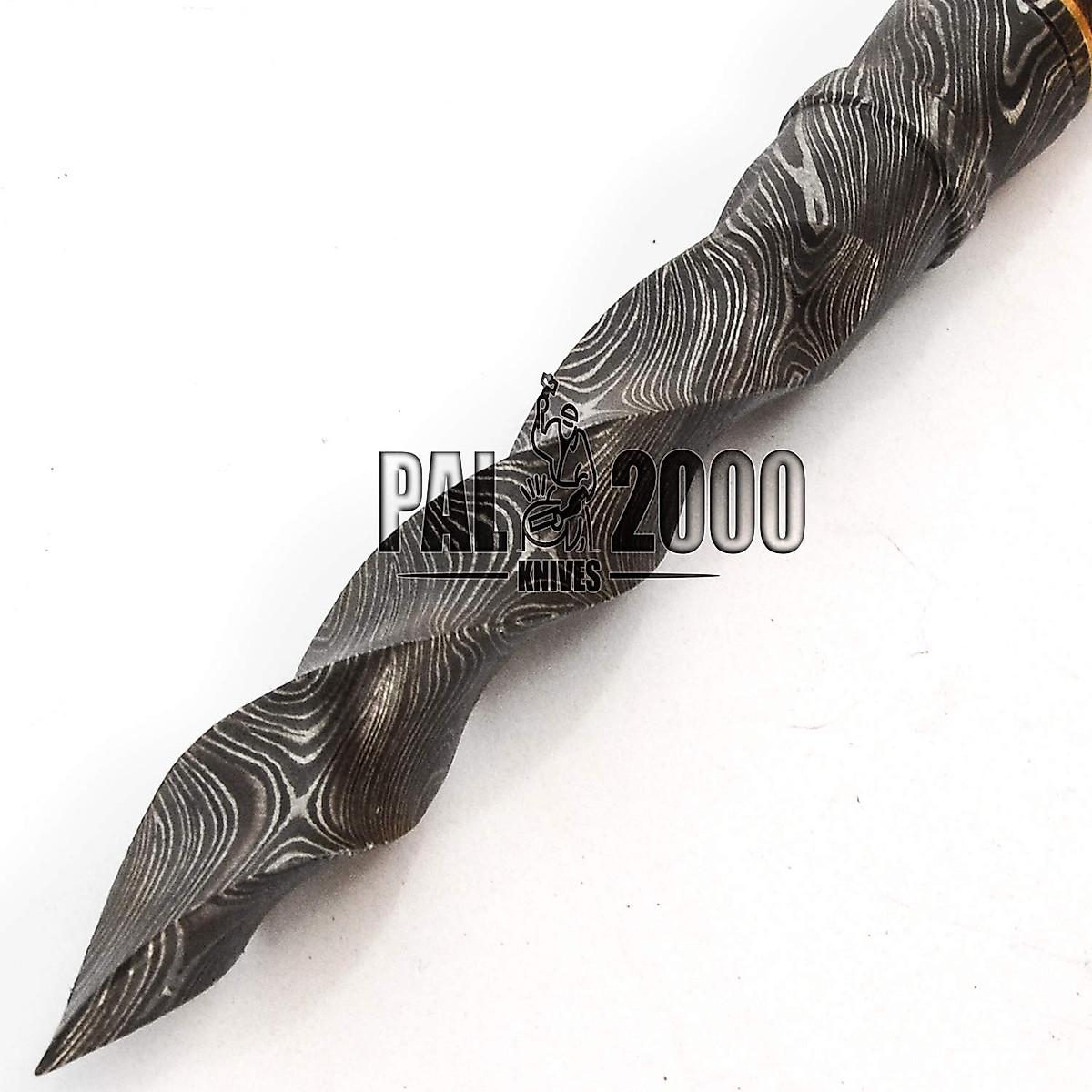 PAL 2000 KNIVES DAG-9815 Custom Handmade Damascus Steel Fixed Blade Hunting Tri Edge Spiral Kris Dagger Knife Cyclone Tri Blades knife with Sheath 10 Inch Full Tang