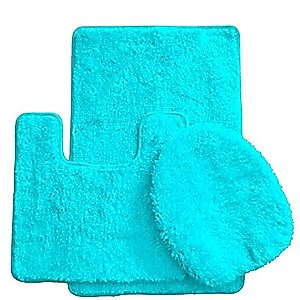 BH Home & Linen 3 Piece Luxury Acrylic Bath Rugs Set Large 18" x 30 Contour Mat 18"x18" and Lid. (Turquoise),3PC Solid Luxury