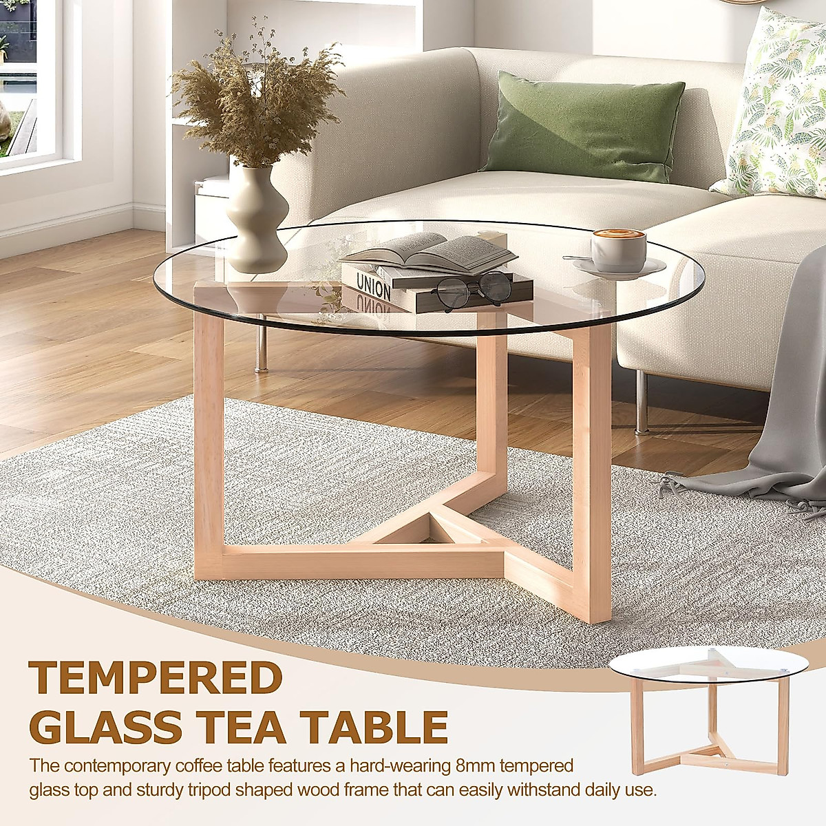 Round Accent Coffee Table, Modern Cocktail Table with Tempered Glass Top and Sturdy Wood Base, Sofa End Table Center Table for Living Room, Office, Small Spaces, Easy to Assemble, Natural