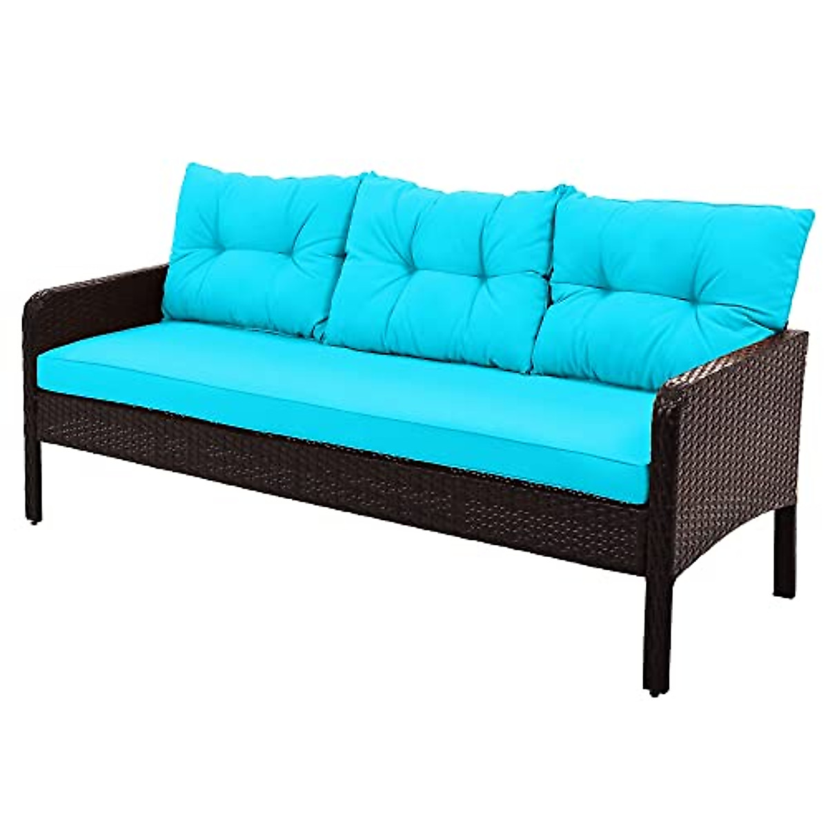 Merax Outdoor Patio PE Wicker Rattan Sofa Dining Set with Removable Cushions empered Glass Tea Table for Backyard, Poolside, Deck, Blue,6 Piece