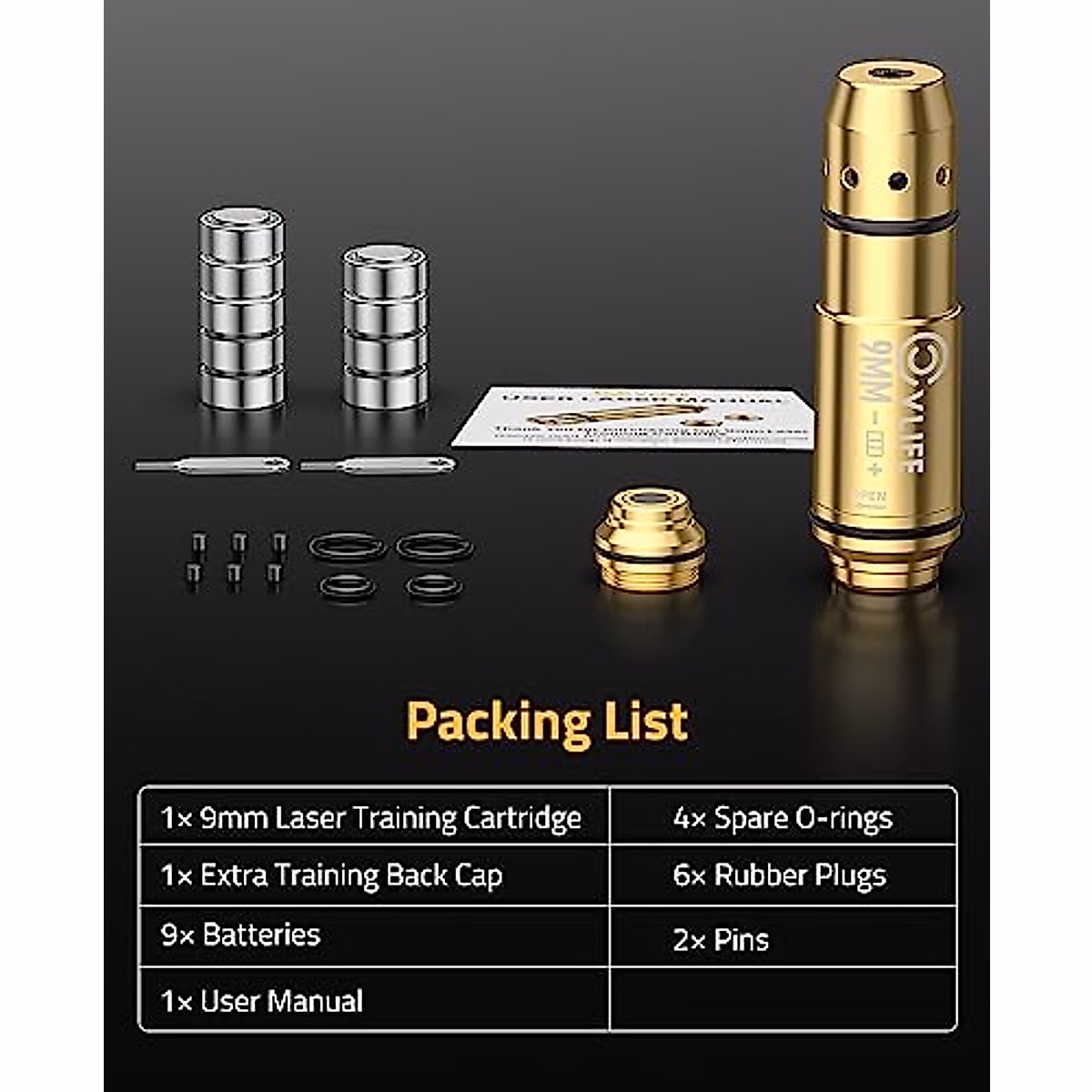 CVLIFE 9mm Laser Training Cartridge with 9 Batteries for Dry Fire Training, Including Extra Training Back Cap, Rubber Plugs and Spare O-Rings
