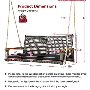 Tangkula 2-Person Outdoor Porch Swing with 118" Hanging Ropes, Patiojoy PE Wicker Patio Hanging Swing Bench with Soft Seat Cushion & 800 Lbs Weight Capacity, Suitable for Patio, Garden (Black)