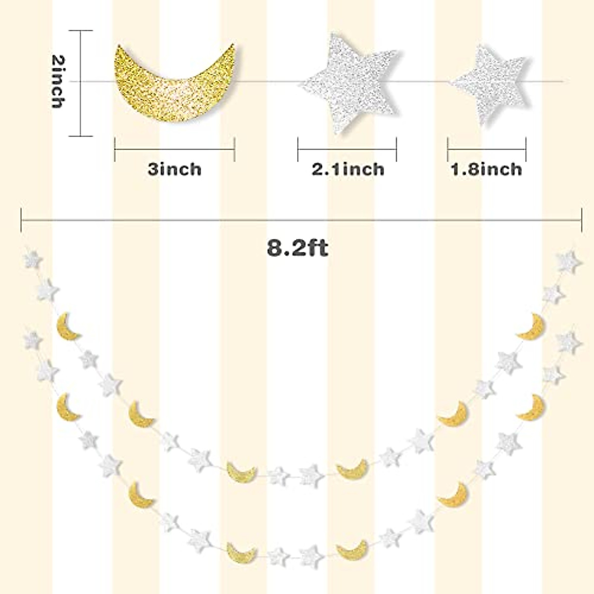 Cute Small Gold Silver Star Moon Garlands Glitter Twinkle Star Garlands Streamer for Kids Birthday/Bday Party Baby Shower Wedding Anniversary Engagement Graduation Gold Silver Party Decorations