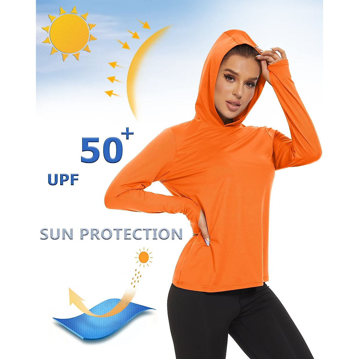 KEFITEVD Sun Hoodie Women UV Protection Sun Shirts Outdoor Cooling Performance Shirts Long Sleeve Rash Guard Lightweight Fishing Shirts Orange