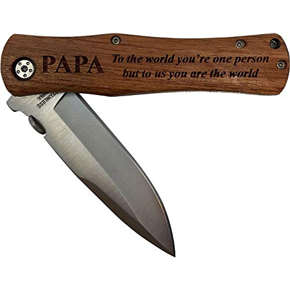 Papa - to the world you're one person but to us you are the world Stainless Steel Folding Pocket Knife with Clip, Wood