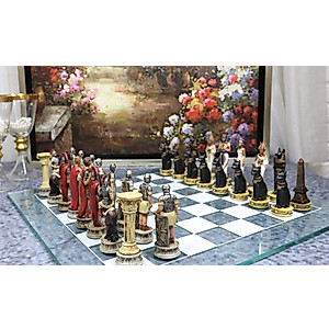 Ebros Gift Historical Themed Chess Set Egyptian Ptolemaic Pharaoh Army VS Augustus Caesar Roman Empire Centurions Resin Sculpted Chess Pieces with Checker Frosted Glass Board Gaming Set