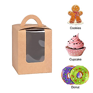 Moretoes 60 Pcs Individual Cupcake Boxes, Brown Single Cupcake Boxes with Window Inserts and Handle, Kraft Cupcake Containers Bulk for Bakery Wrapping Party Favor Packing