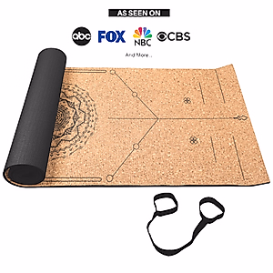 Natural Cork Yoga Mat 5.5mm thick Nonslip Hot Yoga Pilates with Carrying Strap and Lightweight - for hot Yoga and Outdoor or Indoor Yoga - brown chakra wheel design with alignment marks arc lines