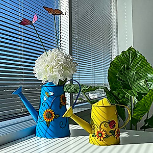 Westcharm Decorative Sunflower & Bee Metal Watering Can (Vol: 10 Cups) | Large Blue Watering Can | Garden Décor Housewarming Gift for Mother Women Friends Gardeners Plants Lovers