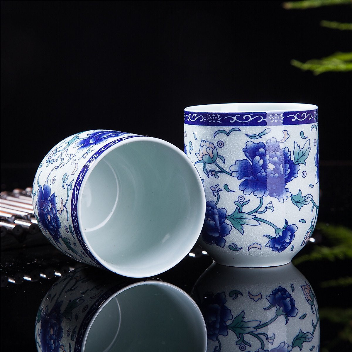 THY COLLECTIBLES Set Of 6 Eastern Asian Design Ceramic Tea Cups In Blue-And-White Peony - 8 OZ Capacity Each