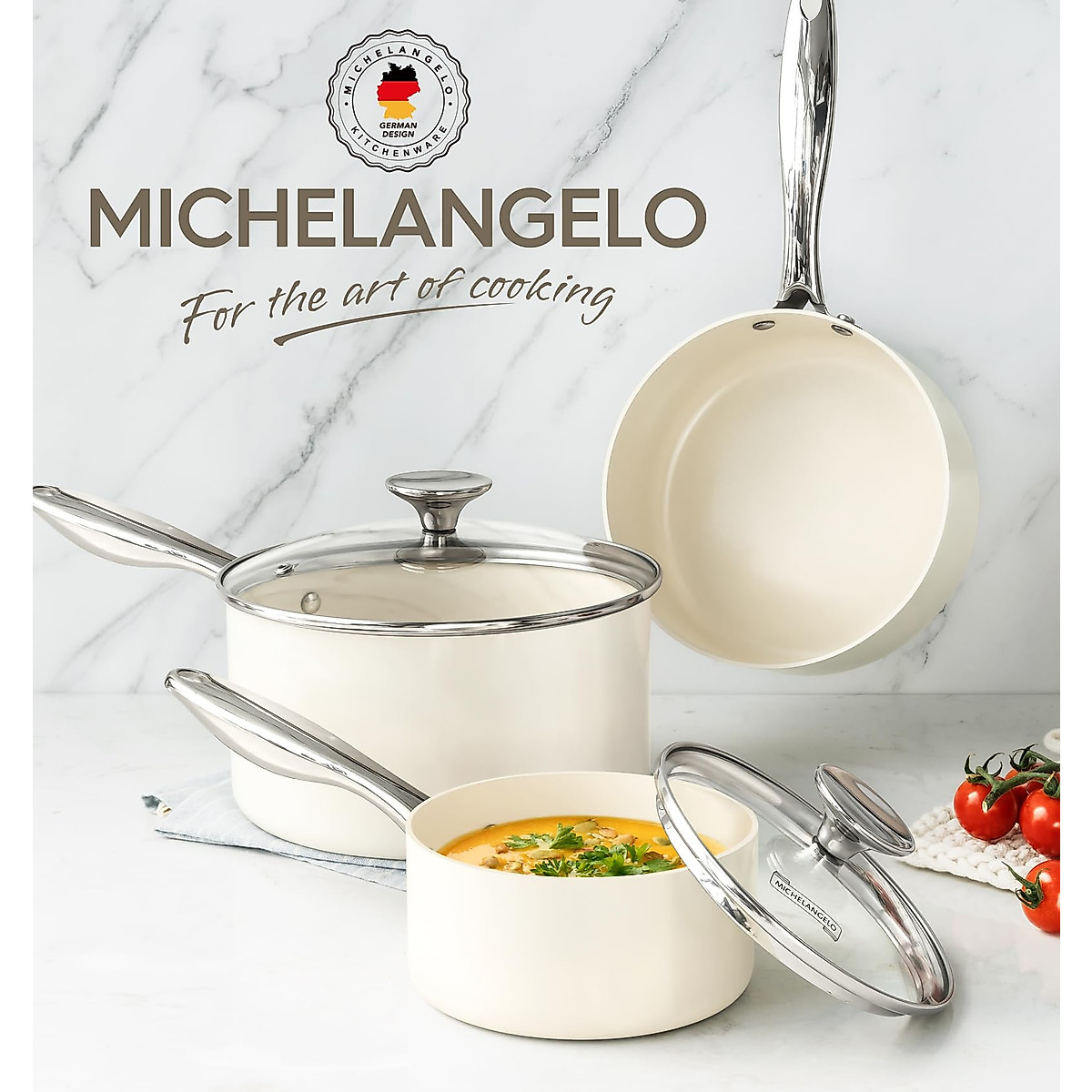 MICHELANGELO Sauce Pan Sets - Ceramic Sauce Pan with Lid, Nonstick Saucepan Set, 1Qt & 2Qt & 3 Qt Small Pots for Cooking, Non-Toxic Sauce Pot, White
