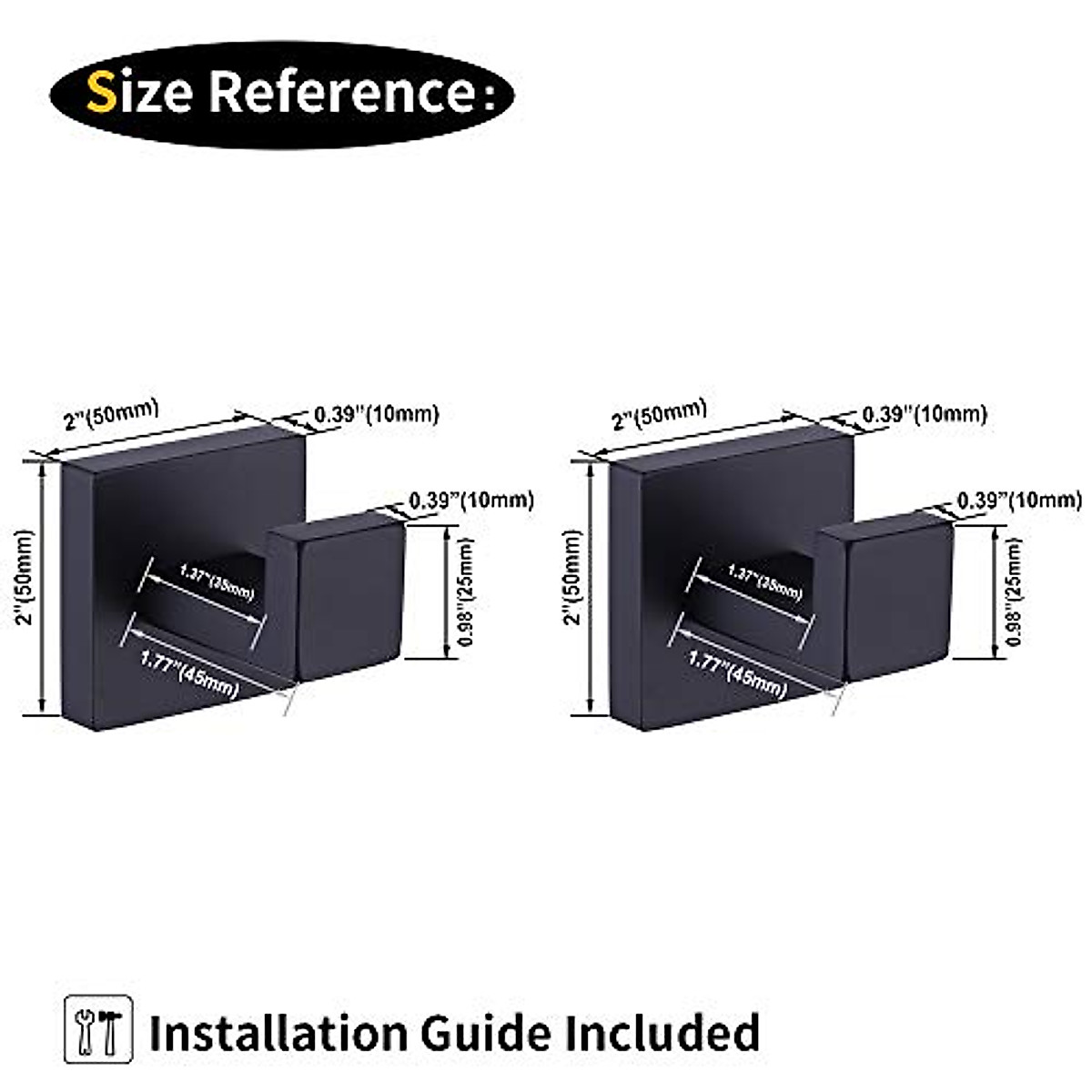 BEIGEEWY 2 Pack Matte Black Towel Hook Stainless Steel Bathroom Rustproof Clothes Towel Coat Hook Heavy Duty Wall Mounted Square