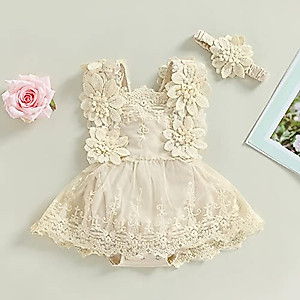 Mubineo Baby Girl Summer Clothes Lace Romper Skirt Dress Princess Outfits Sleeveless Flower Newborn Outfit (Beige, 3-6 Months)