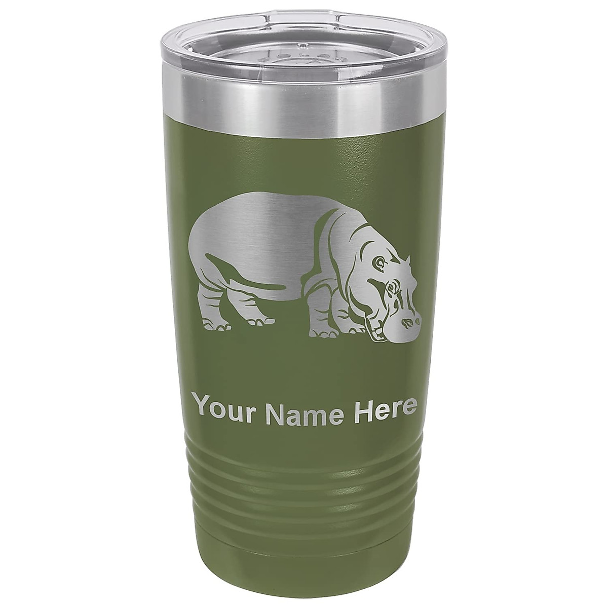 LaserGram 20oz Vacuum Insulated Tumbler Mug, Hippopotamus, Personalized Engraving Included (Camo Green)