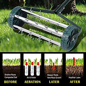 Goplus Rolling Lawn Aerator, 18-Inch Garden Yard Rotary Push Tine Heavy Duty Spike Soil Aeration, Manual Lawn Aeration Tool w/ 40.5-Inch Handle (Silver)