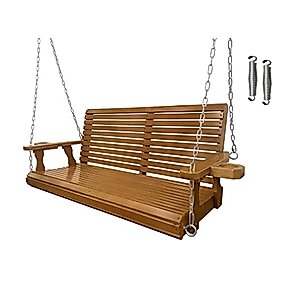 Wooden Porch Swing 2-Seater, Bench Swing with Cupholders, Hanging Chains and 7mm Springs, Heavy Duty 800 LBS, for Outdoor Patio Garden Yard (Brown - 4.5 feet)