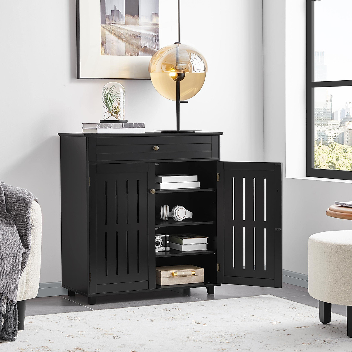 Yaheetech Shoe Cabinet Bathroom Storage Cabinet with 1 Drawer & Adjustable Shelf, Shoe Rack Pinter Stand for Home Office, Black