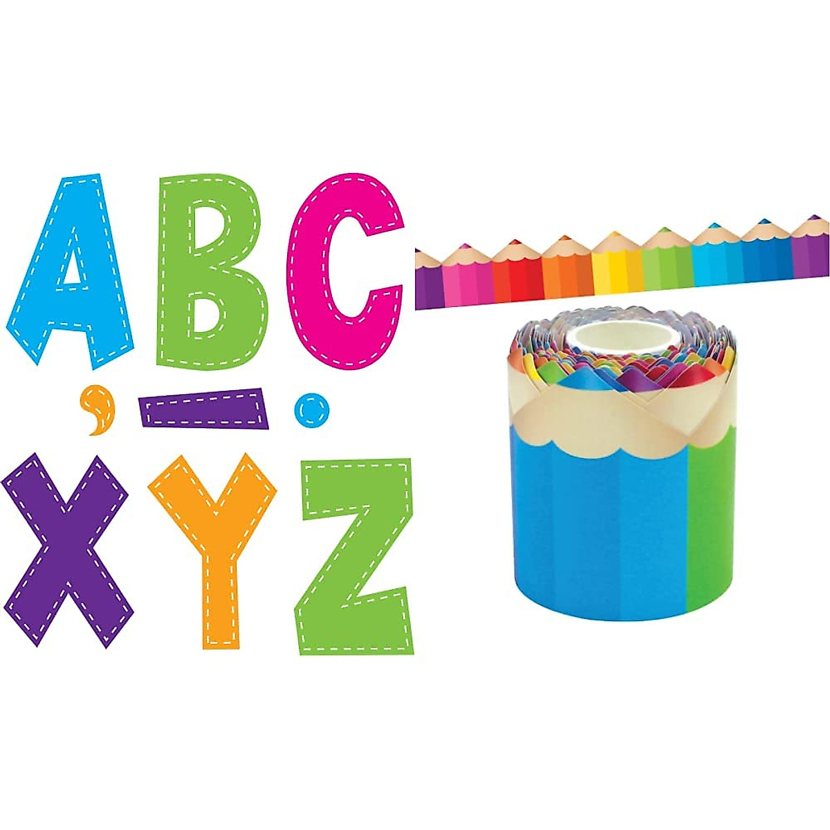 Teacher Created Resources Multi Bright Stitch 7" Fun Font Letters & Colored Pencils Die-Cut Rolled Border Trim - 50ft