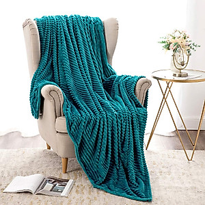 MIULEE Fleece Throw Blanket for Couch 300GSM Super Soft Lightweight Plush Striped Blanket, Teal Blue Warm Cozy Breathable Ribbed Blanket for Bed/Sofa, Throw Size 50"x60", Turquoise